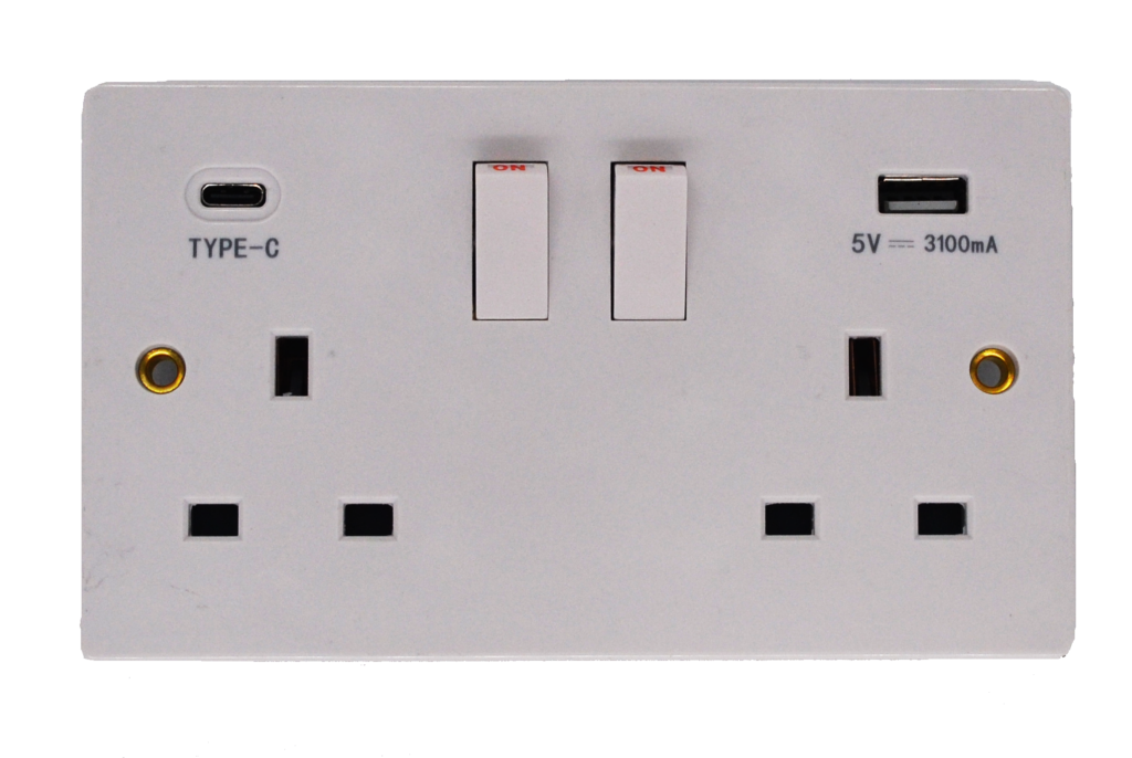 Lincoln 13 Amp 2 Gang Switched Socket c/w USB-A & USB-C - Wew